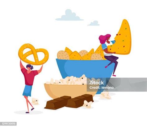 작은 여성 캐릭터 는 거대한 접시 아래 초콜릿 바에서 쿠키와 프레첼을 복용 카페에서 간식과 패스트 푸드를 먹는 사람들 정크 식사와 건강에 해로운 영양 개념 만화 벡터
