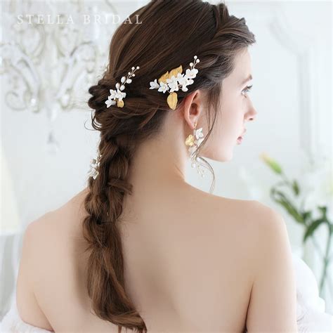 【受注生産品】ny製真鍮パーツとホワイトフラワーのヘッドピース Belle ベル 4ピースセット｜ウェディングヘアアクセサリー 【公式】stella Bridal オシャレ花嫁さま