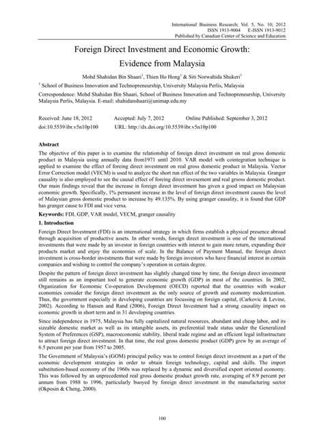 Pdf Foreign Direct Investment And Economic Growth Evidence From Malaysia