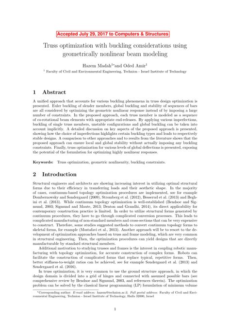 Pdf Truss Optimization With Buckling Considerations Using Geometrically Nonlinear Beam Modeling
