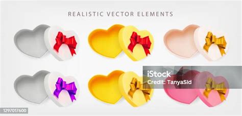 흰색 배경에 빨간색 금 분홍색 활 발렌타인 빈 상자 하트 세트 기프트 박스를 엽니다 3d 사실적 벡터 현실적인 선물의 컬렉션은