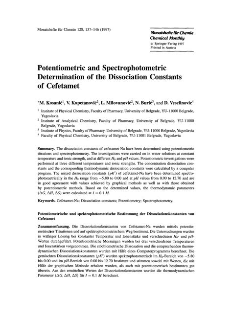 Pdf Potentiometric And Spectrophotometric Determination Of The