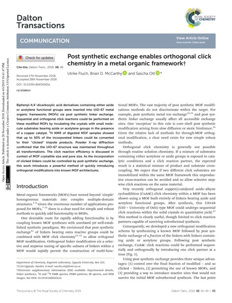 PDF Post Synthetic Exchange Enables Orthogonal Click Chemistry In A Metal Organic Framework