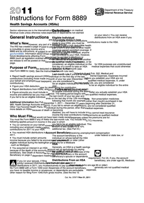 Instructions For Form 8889 Health Savings Accounts 2011 Printable Pdf Download