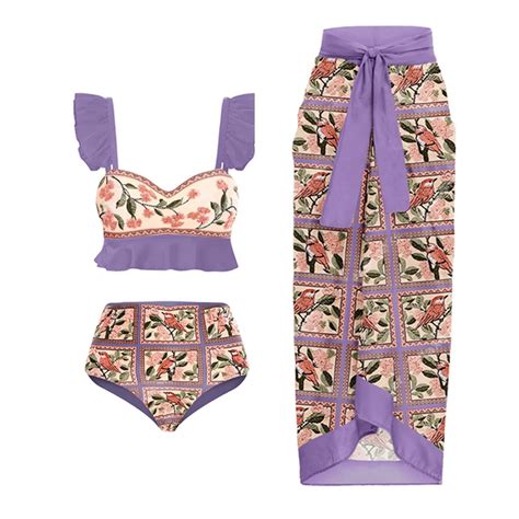 프릴 플리츠 프린트 비키니 투피스 하이웨이스트 컷 슬림핏 우아한 비치웨어 백리스 섹시한 여성 수영복 푸시업 패션 Aliexpress