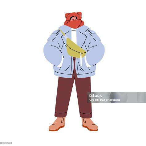 겨울 재킷을 입은 젊은 여성이 야외를 걷고 있습니다 귀여운 모자와 스카프를 입은 소녀와 허리 가방 겉옷 겨울 옷 따뜻한 복장을 한 사람 흰색 배경에 평평한 고립 된 벡터