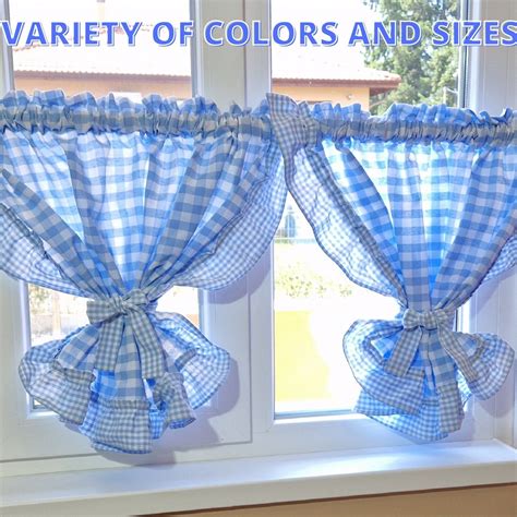 Blue Gingham Cafe Curtains With Ruffles Retro Kitchen Window Panels Etsy