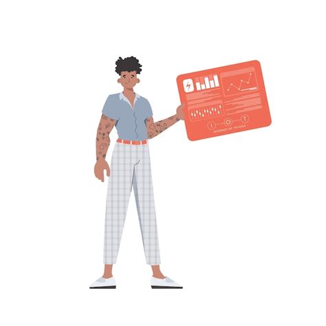 Premium Vector A Man Holds A Panel With Analyzers And Indicators In His Hands Iot And