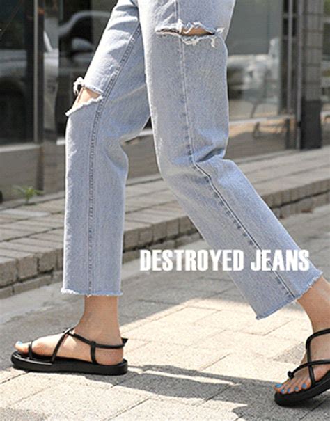 디스트로이드 찢청 크롭 일자 배기 데님팬츠