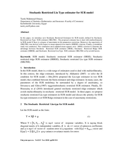 Pdf Stochastic Restricted Liu Type Estimator For Sur Model