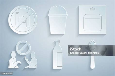 로션 화장품 튜브 배터리 팩 플라스틱 오염 을 중지 일회용 숟가락 종이 유리 물 및 가방 포스터 아이콘을 말하지 벡터 3차원 형태에 대한 스톡 벡터 아트 및 기타 이미지