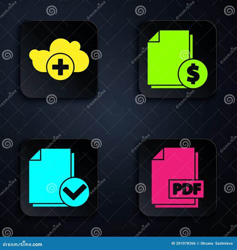 Set PDF File Document Add Cloud Document And Check Mark And Finance Document Black Square