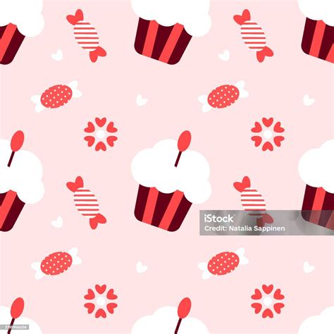 장난 꾸러기 컵 케이크와 사탕 패턴 부드러운 핑크 발렌타인 데이 완벽 한 패턴 사각형 벡터 배경 결혼식 포장 포장지 벽지 패브릭 섬유 휴일 템플릿 0명에 대한 스톡 벡터