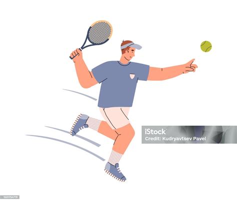 라켓을 든 테니스 선수 남자의 벡터 삽화는 흰색 배경에 고립된 불균형한 문자로 공을 친다 개념에 대한 스톡 벡터 아트 및 기타 이미지 개념 건강한 생활방식 경기