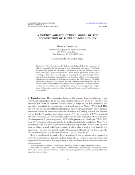 Pdf A Double Age Structured Model Of The Co Infection Of Tuberculosis And Hiv