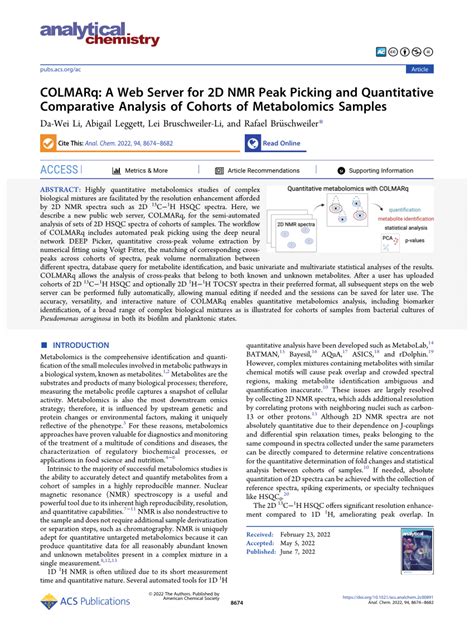 Pdf Colmarq A Web Server For 2d Nmr Peak Picking And Quantitative Comparative Analysis Of