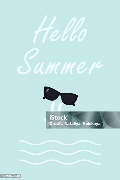 Kacamata Hitam Desain Sederhana Musim Panas Dan Huruf Hello Summer Dengan Garis Gelombang Dalam
