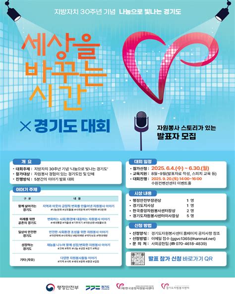 경기도자원봉사센터 📢 2025년 자원봉사 우수사례 공모 「세상을 바꾸는 시간v × 경기도 대회」사례발표자 모집📢 자신의 자원봉사 활동 경험을 공유하여사회적 변화를