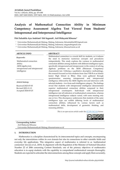 Pdf Analysis Of Mathematical Connection Ability In Minimum Competency