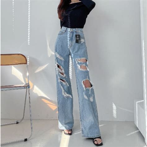 찢청 세미와이드 와이드 부츠컷 일자핏 찢어진청바지 유니크 시크 데님 레직기 연청 청바지