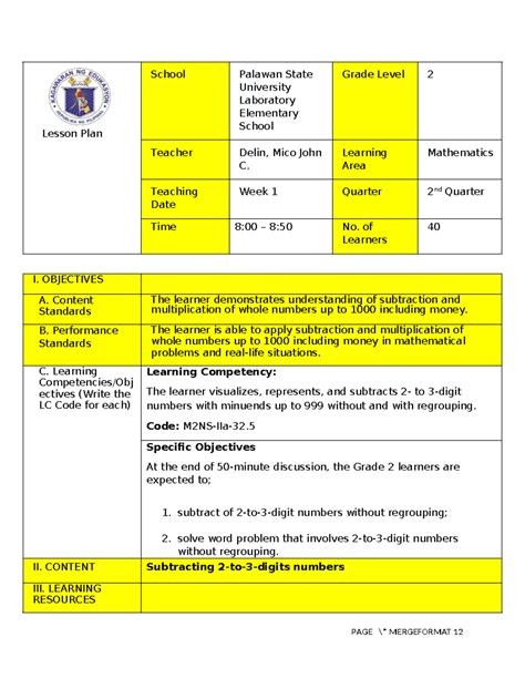Delin Numeracy Lesson Plan Beed2a Lesson Plan School Palawan State