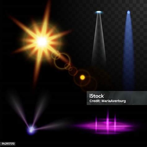 벡터 광원 콘서트 조명 무대 조명 세트 빔 웹 디자인 일러스트 레이 션에 대 한 조명된 스포트 라이트 스포트 라이트 콘서트 0명에 대한 스톡 벡터 아트 및 기타 이미지