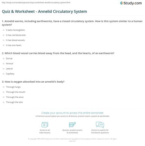 Quiz And Worksheet Annelid Circulatory System