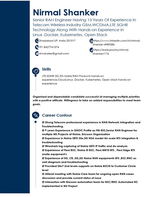 Nirmal Shanker Resume Pdf Lte Telecommunication Open Stack