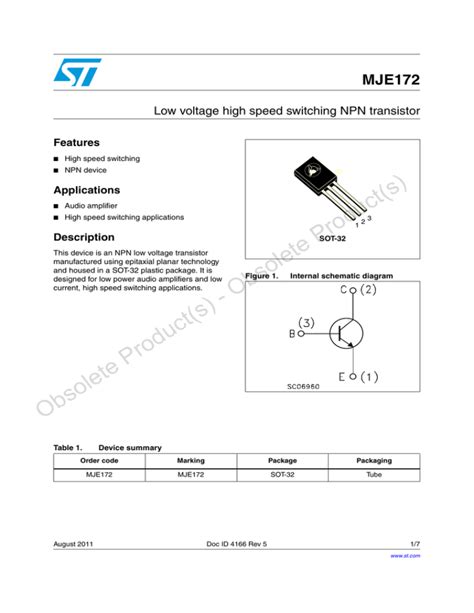 Mje172 Npn Transistor Datasheet Stmicroelectronics
