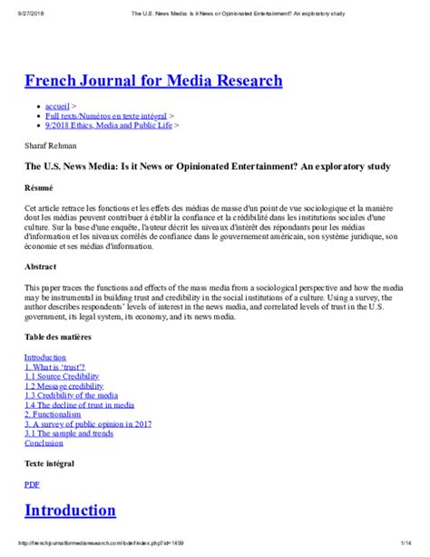 Pdf The U S News Media Is It News Or Opinionated Entertainment An