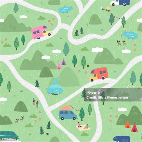 도로 여행 원활한 패턴 낙서 캠핑카 밴 밴 라이프 모험 섬유 배너 배경 화면에 적합 벡터 디자인 자동차 여행에 대한 스톡 벡터 아트 및 기타 이미지 Istock