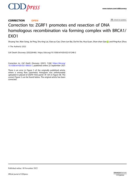 Pdf Correction To Zgrf1 Promotes End Resection Of Dna Homologous Recombination Via Forming