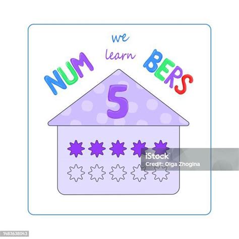 중학교와 유치원의 경우 5 개의 숫자 테이블 우리는 숫자를 배웁니다숫자 5를 배우기위한 집 형태의 카드 만화 스타일의 수학