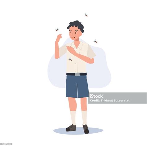 교복을 입은 어린 태국 학생 소년은 야외에 있고 모기에 둘러싸여 있습니다 지카 바이러스 확산 방지 개념 뎅기열 모기 물림에 대한 스톡 벡터 아트 및 기타 이미지 Istock