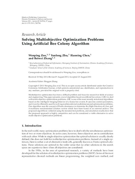 Pdf Solving Multiobjective Optimization Problems Using Artificial Bee
