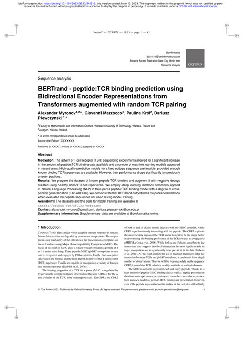 Pdf Bertrand Peptidetcr Binding Prediction Using Bidirectional Encoder Representations From