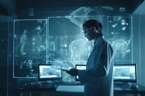 미래의 의학 의료 기술 및 네트워킹 개념 Dna 홀로그램의 디지털 건강 및 네트워킹 미래 의사 엔지니어링 및 Medtech Generative Ai 프리미엄 사진