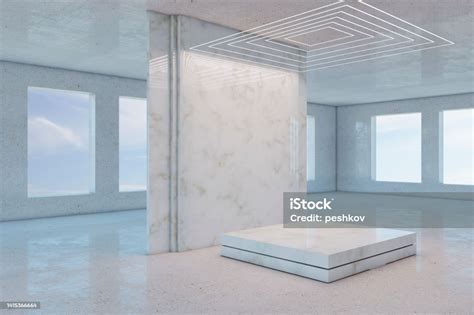 벽과 연단에 빈 모의 장소가있는 현대적인 가벼운 콘크리트 갤러리 인테리어 전시 및 박물관 개념 3d 렌더링 0명에 대한 스톡 사진 및 기타 이미지 Istock