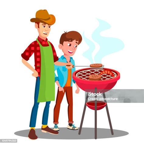 아버지와 아들 그릴 함께 벡터에서 바베 큐 요리 고립 된 그림 굽기에 대한 스톡 벡터 아트 및 기타 이미지 굽기 바베큐그릴