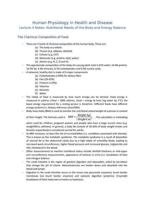 Lecture Notes Nutrition And Energy Balance Human Physiology In Health And Disease Lecture