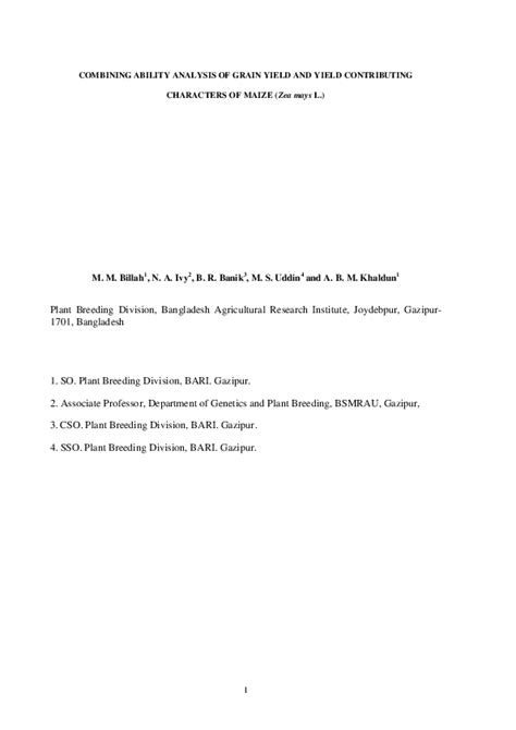 Pdf Combining Ability Analysis Of Grain Yield And Yield Contributing