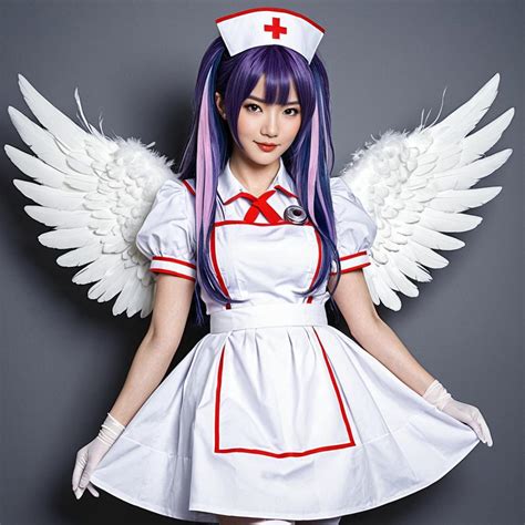 Anime Style Nurse Cosplay With Angel Wings And Purple Hair Swap Face