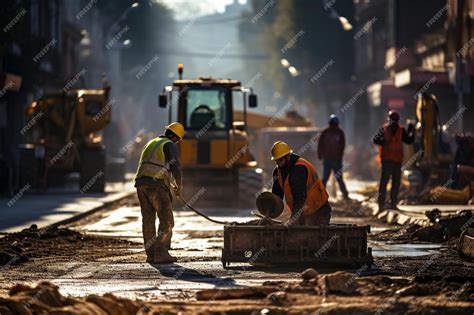 Premium Photo Grader With Construction Workers Laying Down Asphalt