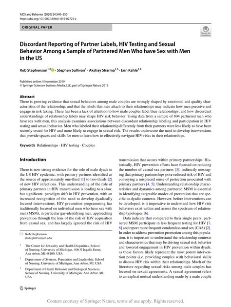 Discordant Reporting Of Partner Labels Hiv Testing And Sexual Behavior
