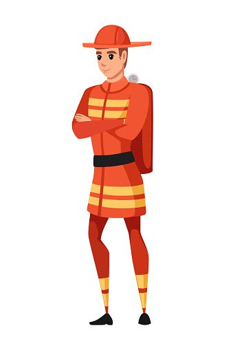 성인 남성 소방관 스탠드 지상에 착용 내화 양식 만화 캐릭터 디자인 평면 벡터 일러스트 구조에 대한 스톡 벡터 아트 및 기타 이미지 구조 긴급서비스와 구조 직업 남성