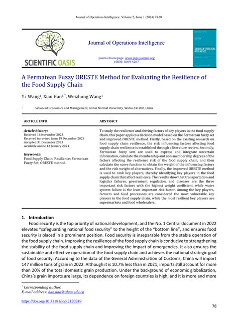 Pdf A Fermatean Fuzzy Oreste Method For Evaluating The Resilience Of The Food Supply Chain