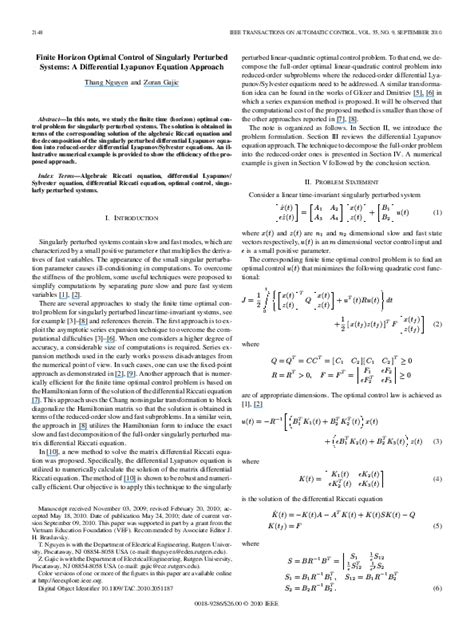 Pdf Finite Horizon Optimal Control Of Singularly Perturbed Systems A Differential Lyapunov