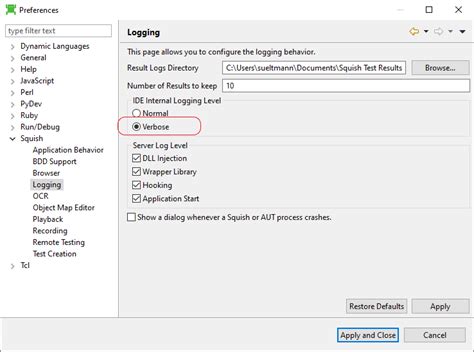 Enabling Verbose Logging Of The Squish Ide