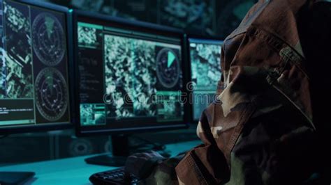 Military Soldier Operating Advanced Technology In A Command Center Stock Video Video Of