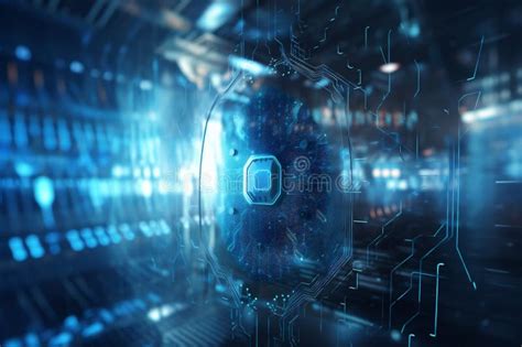 Digital Cyber Security Concept Shield On Circuit Board Background With Blue Lights Abstract